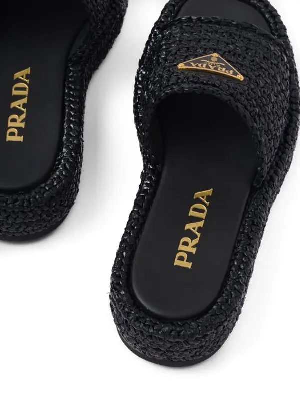 Prada Logo-Plaque Woven-Raffia Sandals - Black | Editorialist