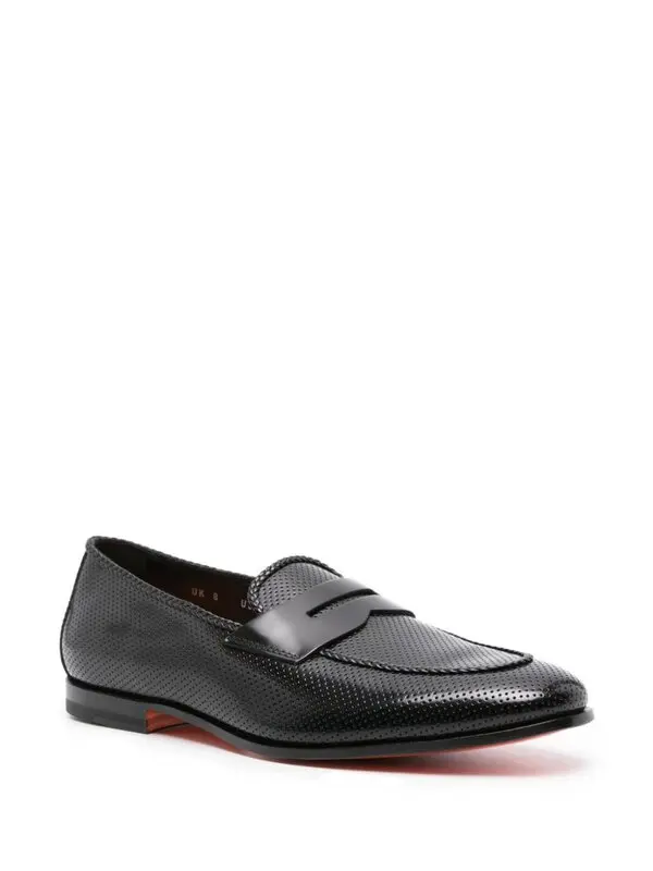 Santoni Perforated Leather Loafers - Black