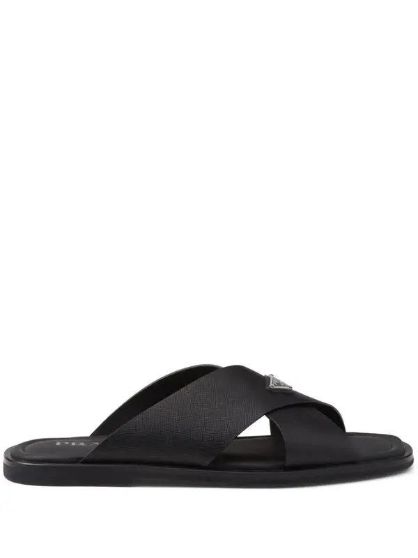Prada Criss-cross Triangle-logo Leather Sandals - Black