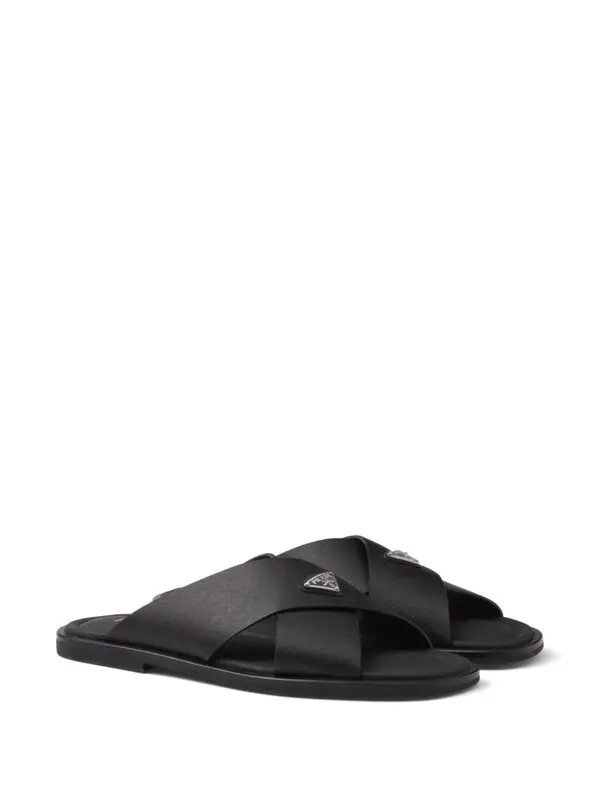 Prada Criss-cross Triangle-logo Leather Sandals - Black