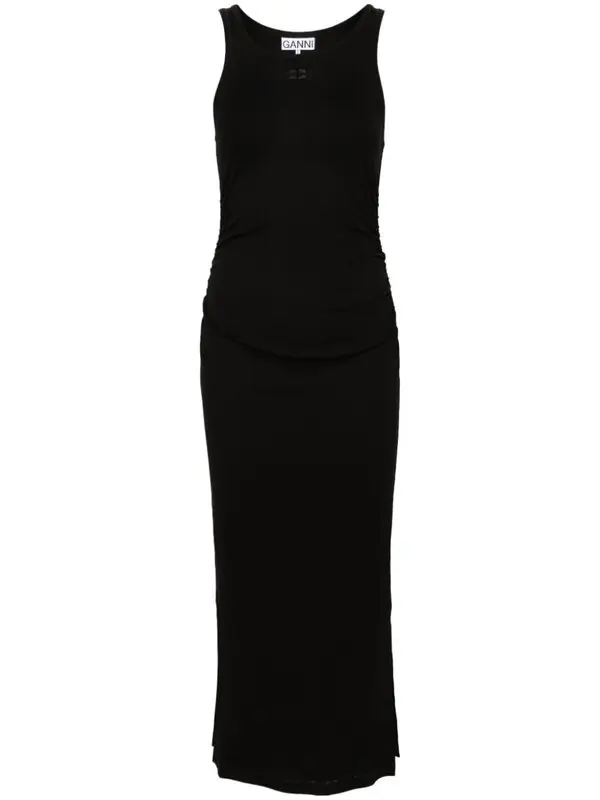 Ganni Logo-Embroidered Ruched Midi Dress In Black - 48% Off | Editorialist