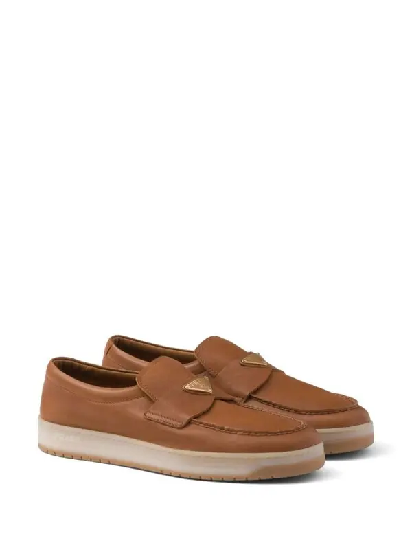 Prada Logo-plaque Leather Loafers - Brown