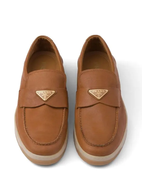 Prada Logo-plaque Leather Loafers - Brown