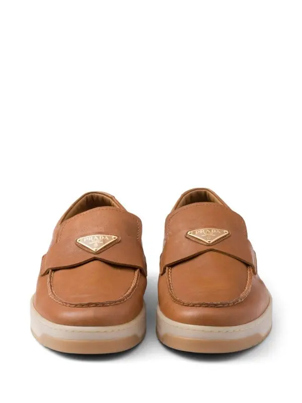 Prada Logo-plaque Leather Loafers - Brown