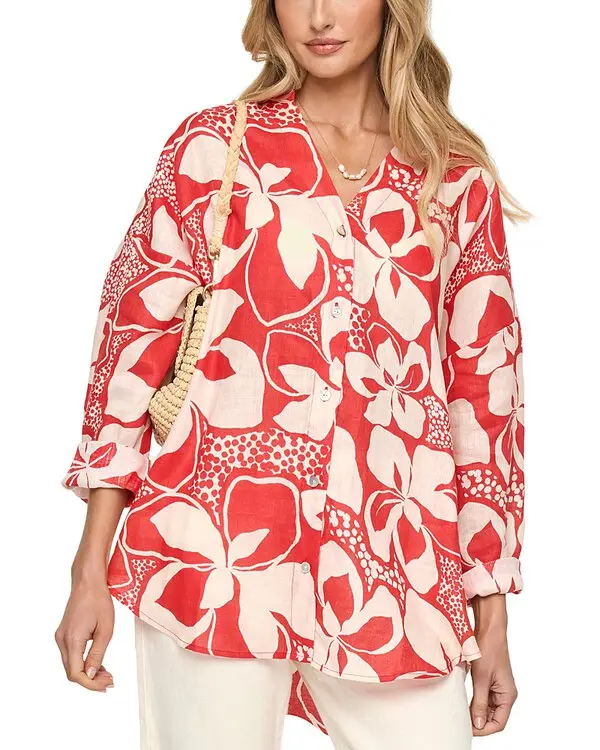 L*Space Rio Button Front Linen Cover Up Tunic - Hibiscus Bloom