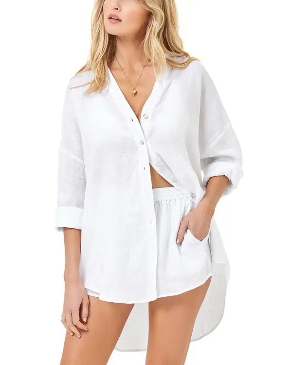 L*Space Rio Button Front Linen Cover Up Tunic - White