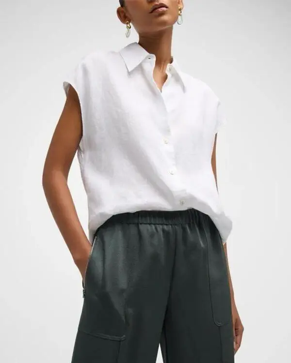Vince Cap-sleeve Linen Button-front Blouse - White