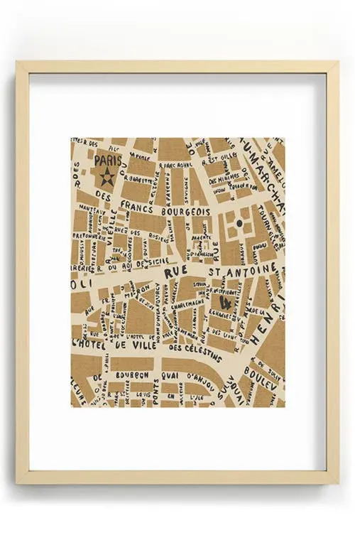 DENY DESIGNS Paris Map Rustic Framed Art Print - Cream