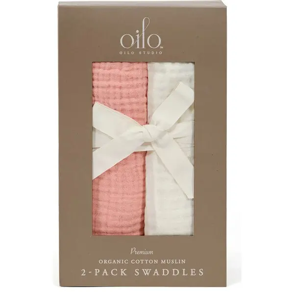 OILO 2-pack Organic Cotton Muslin Swaddle Blankets - Eggshell/ Rose