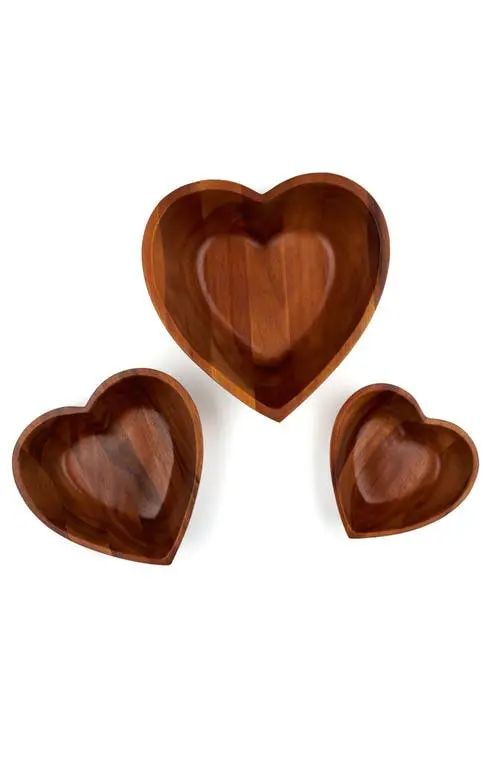 NAMBE Eat Your Heart Set Of Three Acacia Wood Nesting Bowls - Brown