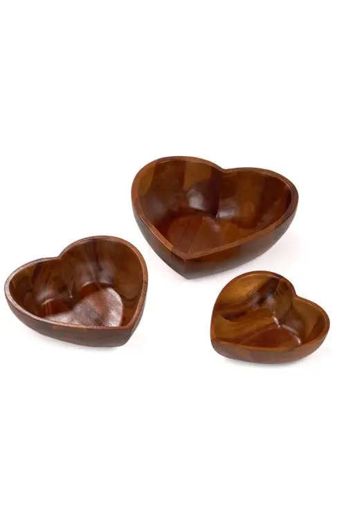NAMBE Eat Your Heart Set Of Three Acacia Wood Nesting Bowls - Brown