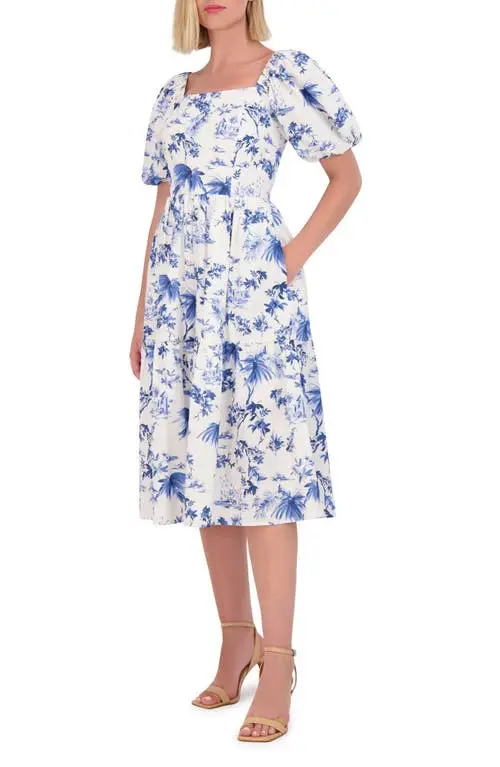 Vince Camuto Floral Square Neck Cotton Midi Dress - Blue | Editorialist