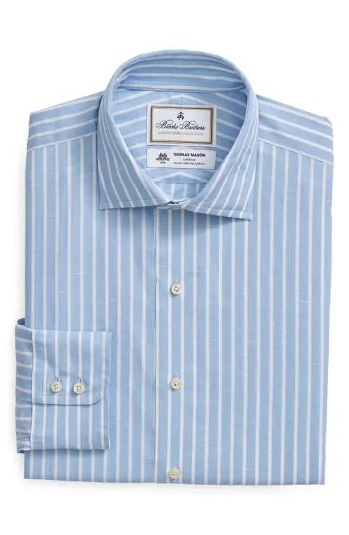 Brooks Brothers X Thomas Mason Regular Fit Stripe Cotton & Linen Dress  Shirt - Light Blue Stripe | Editorialist