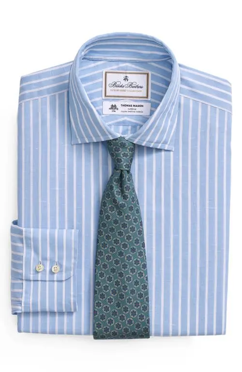 Brooks Brothers X Thomas Mason Regular Fit Stripe Cotton & Linen Dress  Shirt - Light Blue Stripe | Editorialist
