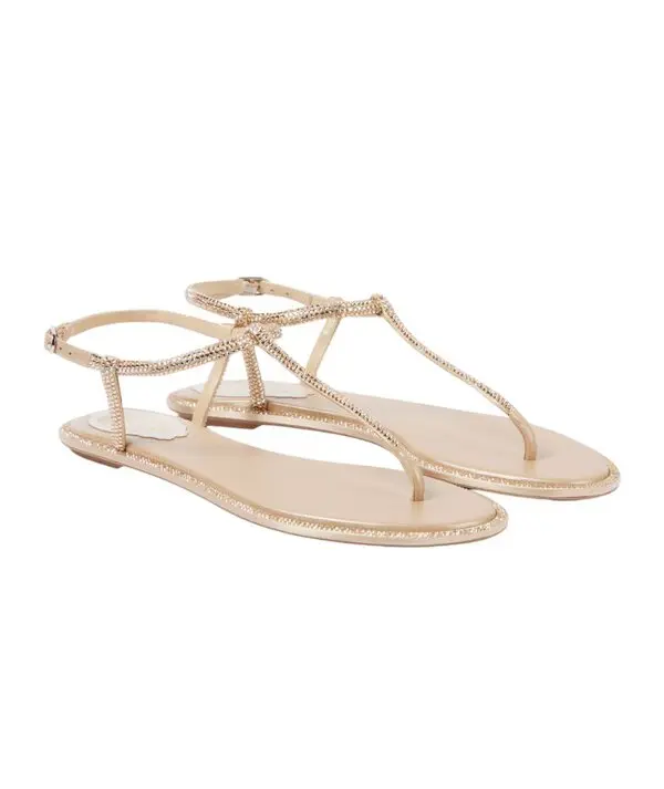 Rene Caovilla Diana Satin And Leather Thong Sandals - Beige