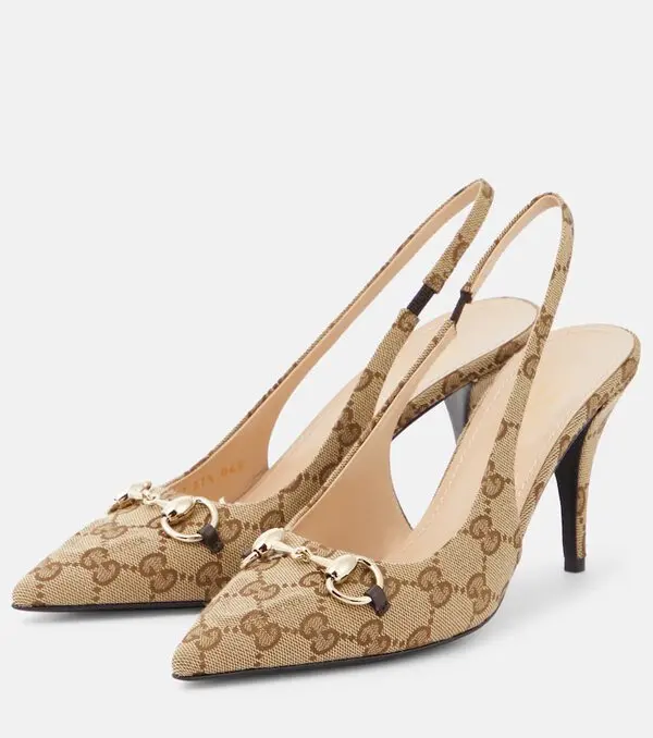 Gucci Horsebit Gg Canvas Slingback Pumps - Beige