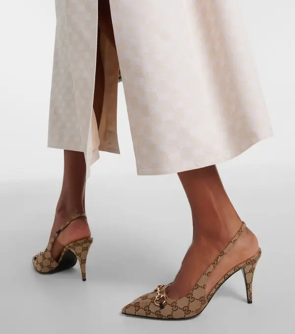 Gucci Horsebit Gg Canvas Slingback Pumps - Beige