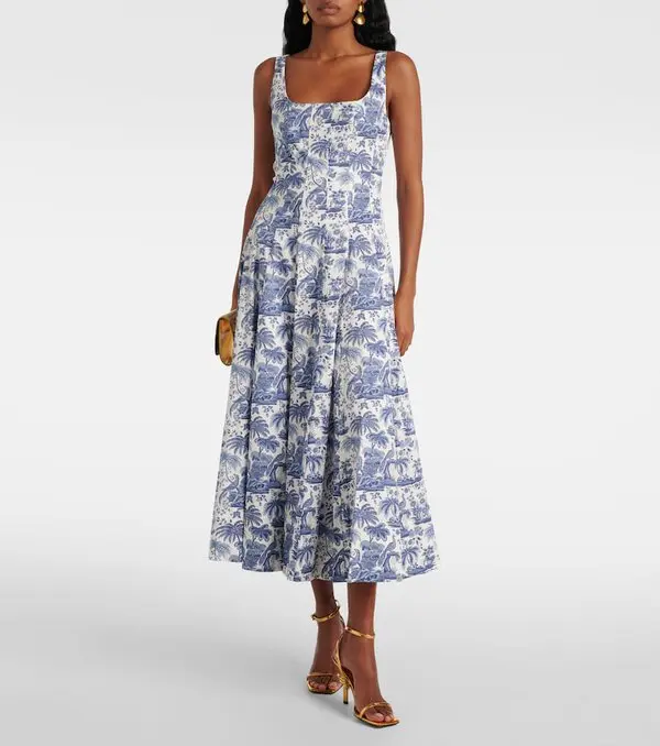 Staud Wells Printed Cotton Poplin Midi Dress - Blue