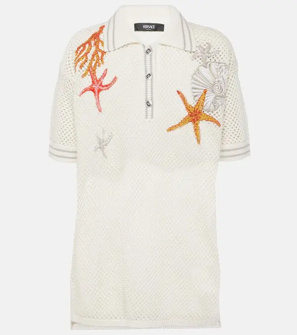 Versace Embroidered Crochet Cotton Polo Shirt - White