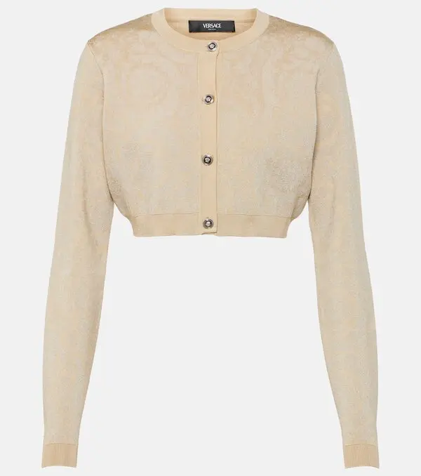 Versace Barocco Cropped Lamé Cardigan - Beige