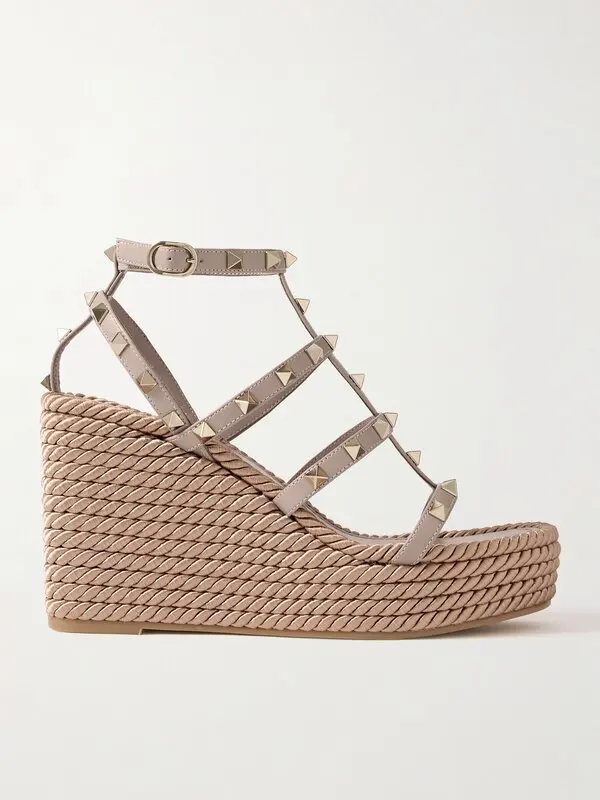 Valentino Garavani Rockstud Torchon 105 Leather Espadrille Wedge Sandals - Pink