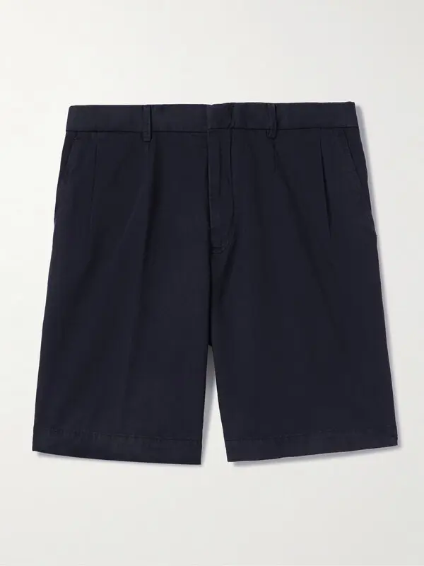Zegna Straight-leg Pleated Cotton And Linen-blend Twill Shorts - Blue