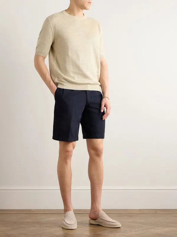 Zegna Straight-leg Pleated Cotton And Linen-blend Twill Shorts - Blue