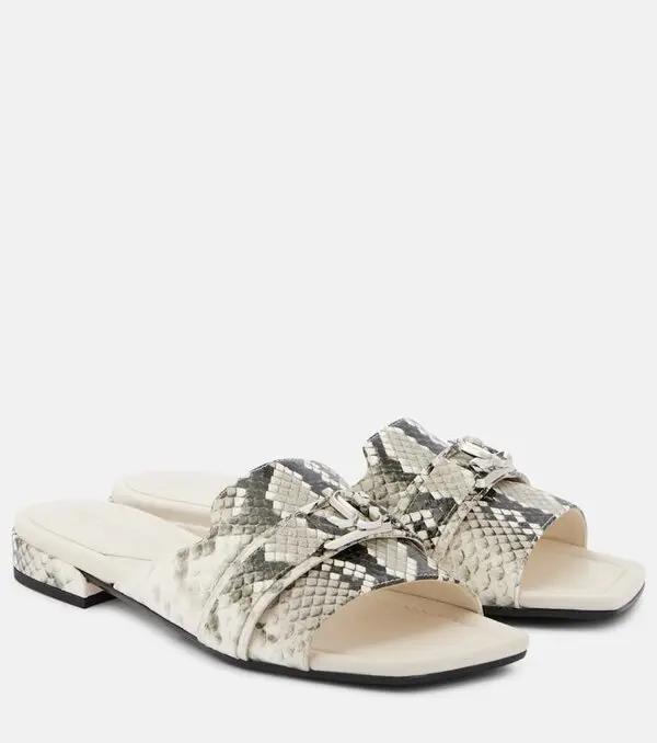 JIMMY CHOO Nako Snake-effect Leather Slides - Grey