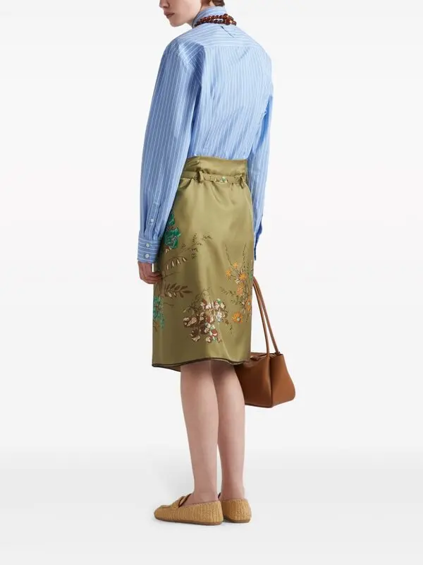 Prada Floral-Print Silk Midi Skirt - Green | Editorialist