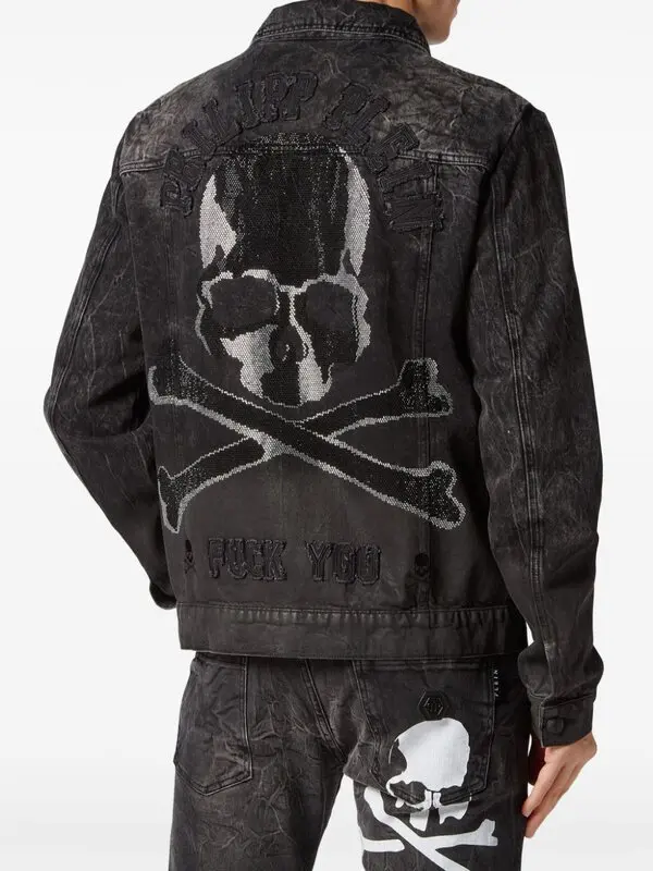 Philipp Plein Crystal-Skull Denim Jacket In Black - 50% Off