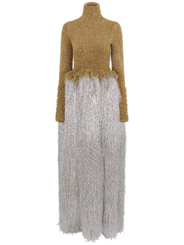 Rabanne Turtleneck Metallic Textured Maxi Dress