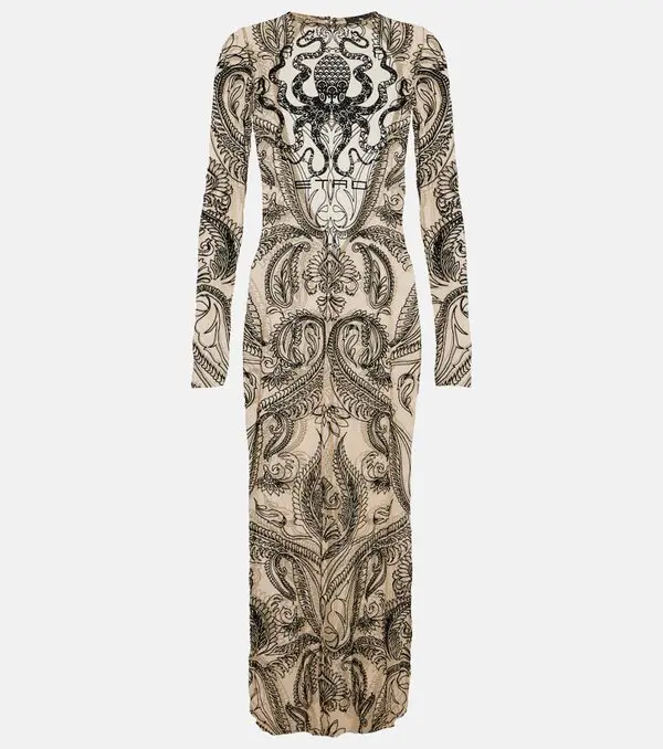Etro Logo Printed Tulle Midi Dress - Beige