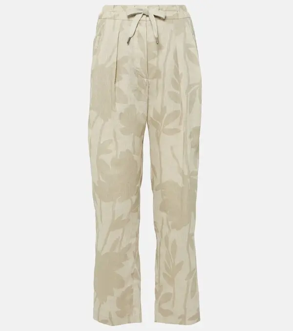 Brunello Cucinelli Printed Linen Tapered Trousers - Beige
