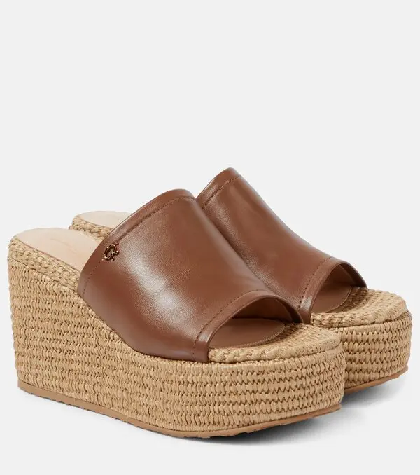 GIANVITO ROSSI Leather And Raffia Wedge Mules - Brown