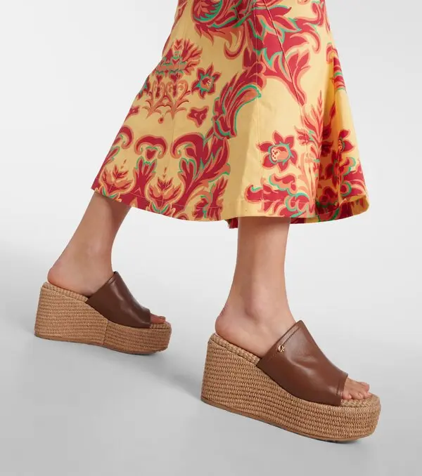 GIANVITO ROSSI Leather And Raffia Wedge Mules - Brown
