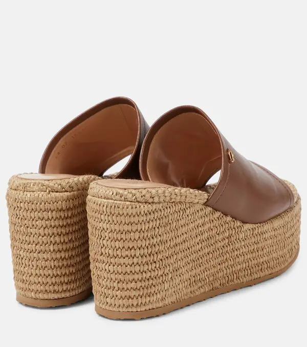 GIANVITO ROSSI Leather And Raffia Wedge Mules - Brown
