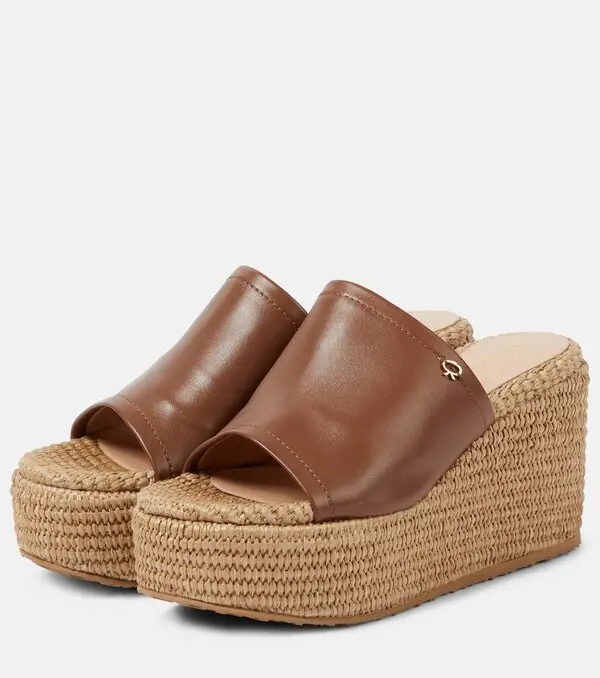 GIANVITO ROSSI Leather And Raffia Wedge Mules - Brown