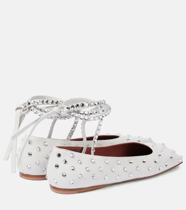 Amina Muaddi Embellished Leather Ballet Flats - White