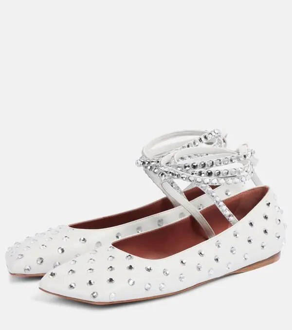 Amina Muaddi Embellished Leather Ballet Flats - White