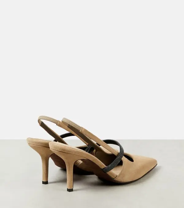 Brunello Cucinelli Monili Suede Slingback Pumps - Brown