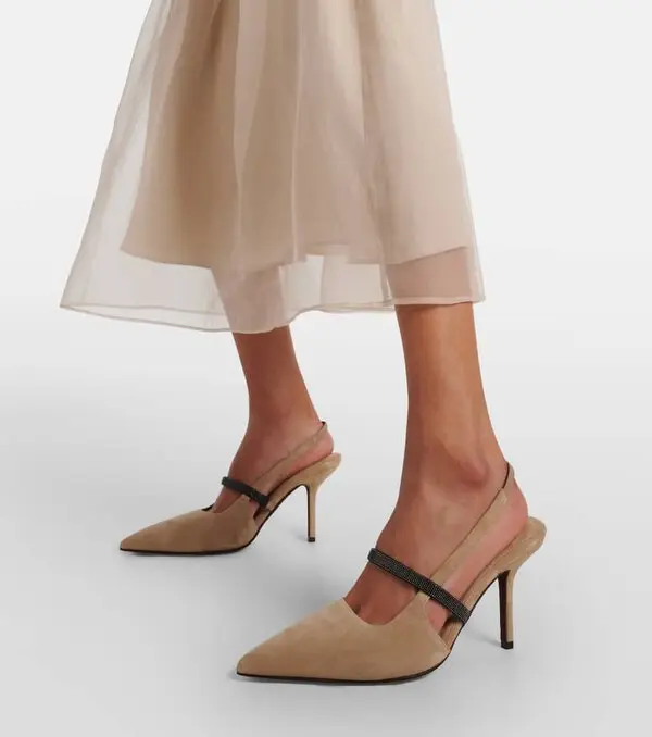Brunello Cucinelli Monili Suede Slingback Pumps - Brown