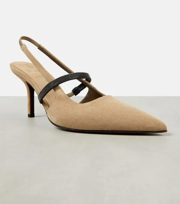 Brunello Cucinelli Monili Suede Slingback Pumps - Brown