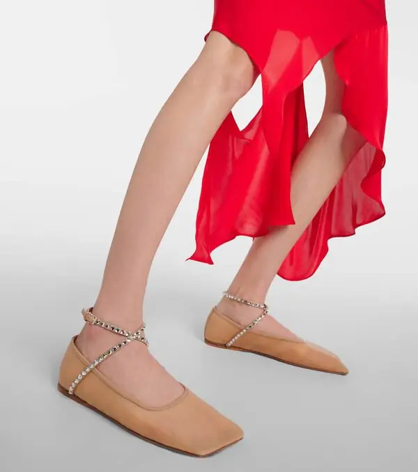 Amina Muaddi Ane Embellished Ballet Flats - Beige
