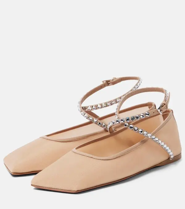 Amina Muaddi Ane Embellished Ballet Flats - Beige