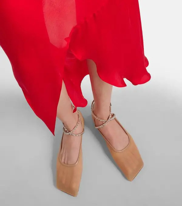 Amina Muaddi Ane Embellished Ballet Flats - Beige