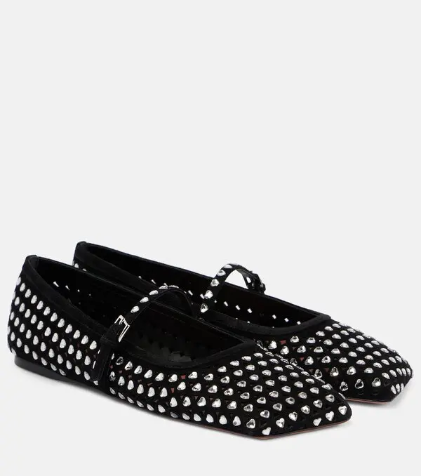 Amina Muaddi Embellished Leather Mary Jane Flats - Black