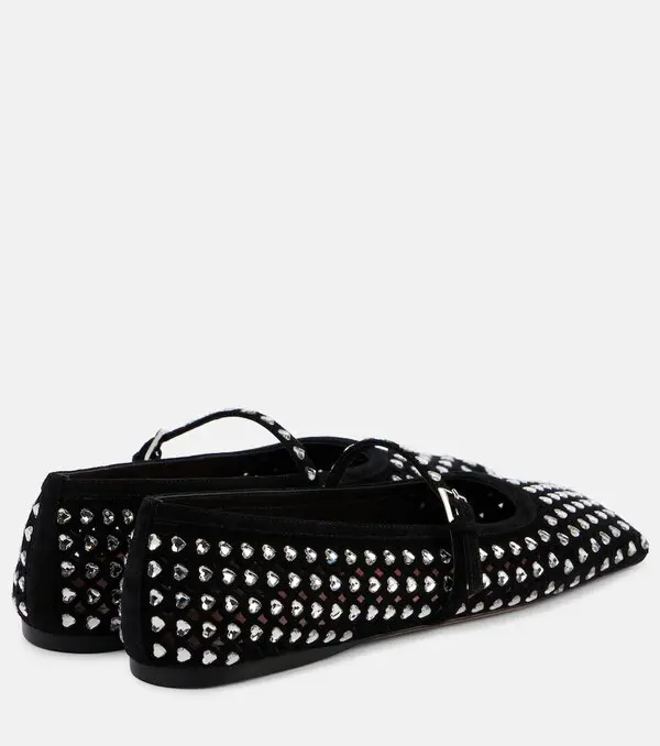 Amina Muaddi Embellished Leather Mary Jane Flats - Black