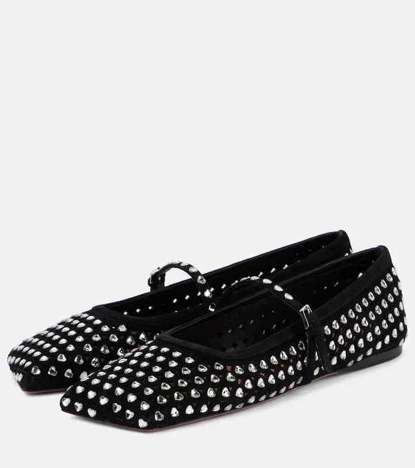 Amina Muaddi Embellished Leather Mary Jane Flats - Black