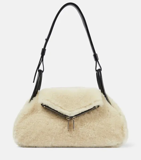 Amina Muaddi Gemini Small Shearling Shoulder Bag - Beige