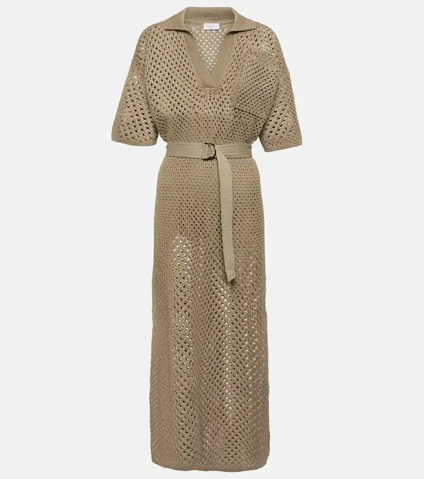 Brunello Cucinelli Cotton Mesh Polo Midi Dress - Brown